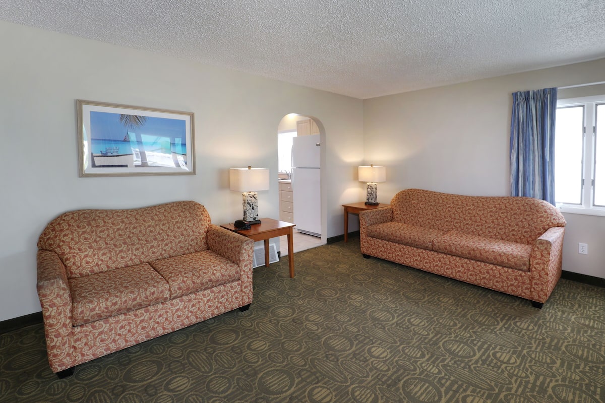 Quarto de hotel com dois sofás estampados, uma mesinha, duas luminárias, um quadro emoldurado e vista para o oceano pela janela.
