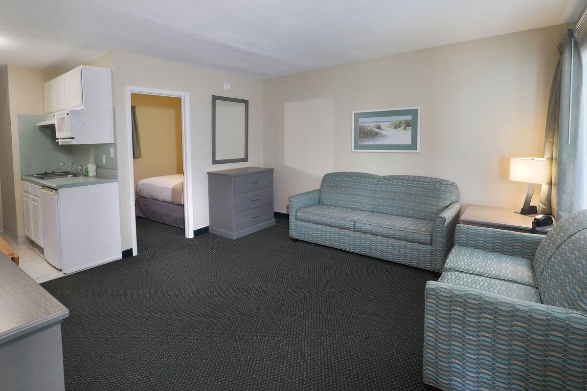 Quarto de hotel compacto com cozinha americana, um sofá, uma mesinha de cabeceira com abajur e um quadro na parede.