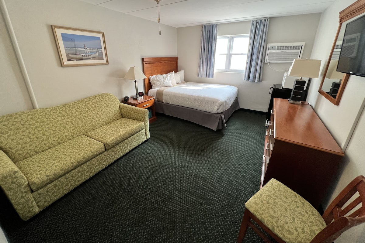 Quarto de hotel com uma cama, um sofá verde estampado, uma escrivaninha de madeira, uma cadeira, uma mesa de cabeceira com abajur, um quadro na parede e um ventilador de teto.