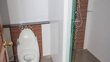 Casa de banho com sanita, chuveiro e divisória de vidro.