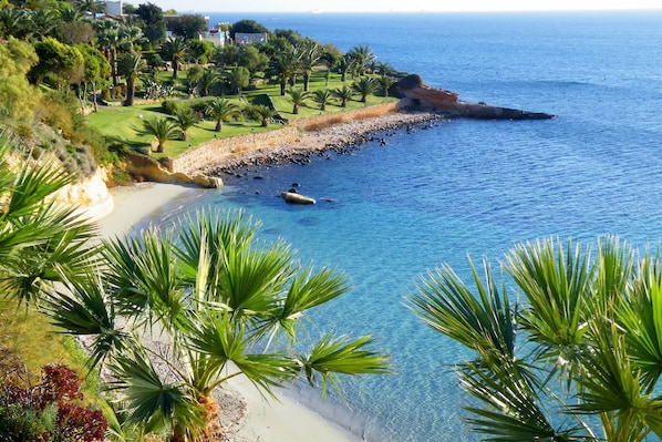 Na praia, praia de areia branca, espreguiçadeiras, mergulho