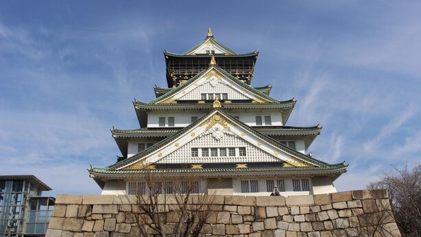Um castelo japonês tradicional com vários andares e detalhes dourados, rodeado por muros de pedra e vegetação escassa.