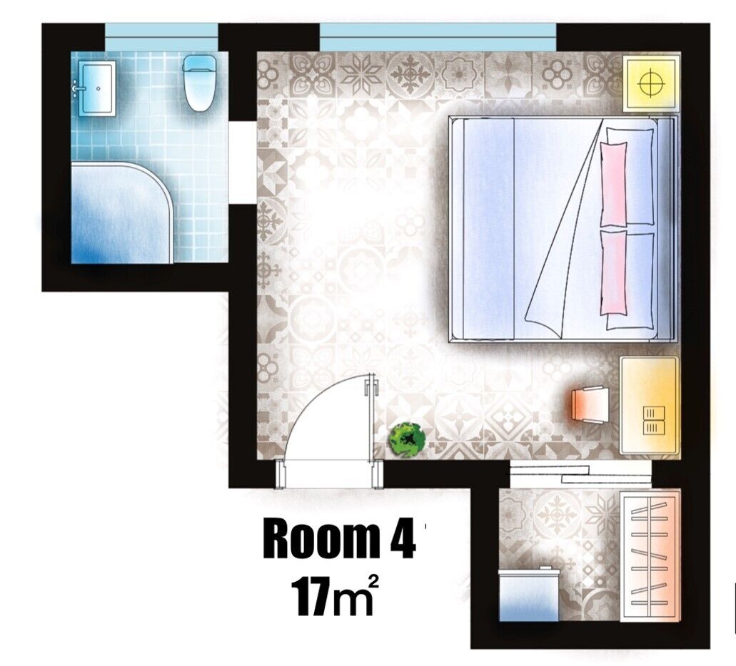 Planta baixa de um quarto de 17m² com banheiro, cama, escrivaninha e um pequeno espaço para sentar.