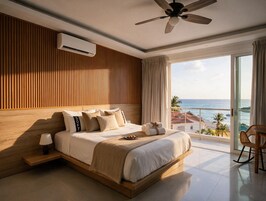 Quarto moderno com uma cama grande, um ventilador de teto e vista para o oceano.