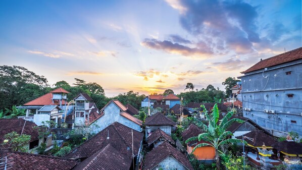 Zona residencial com casas e um prédio grande, cercada por vegetação sob um céu ao pôr do sol.