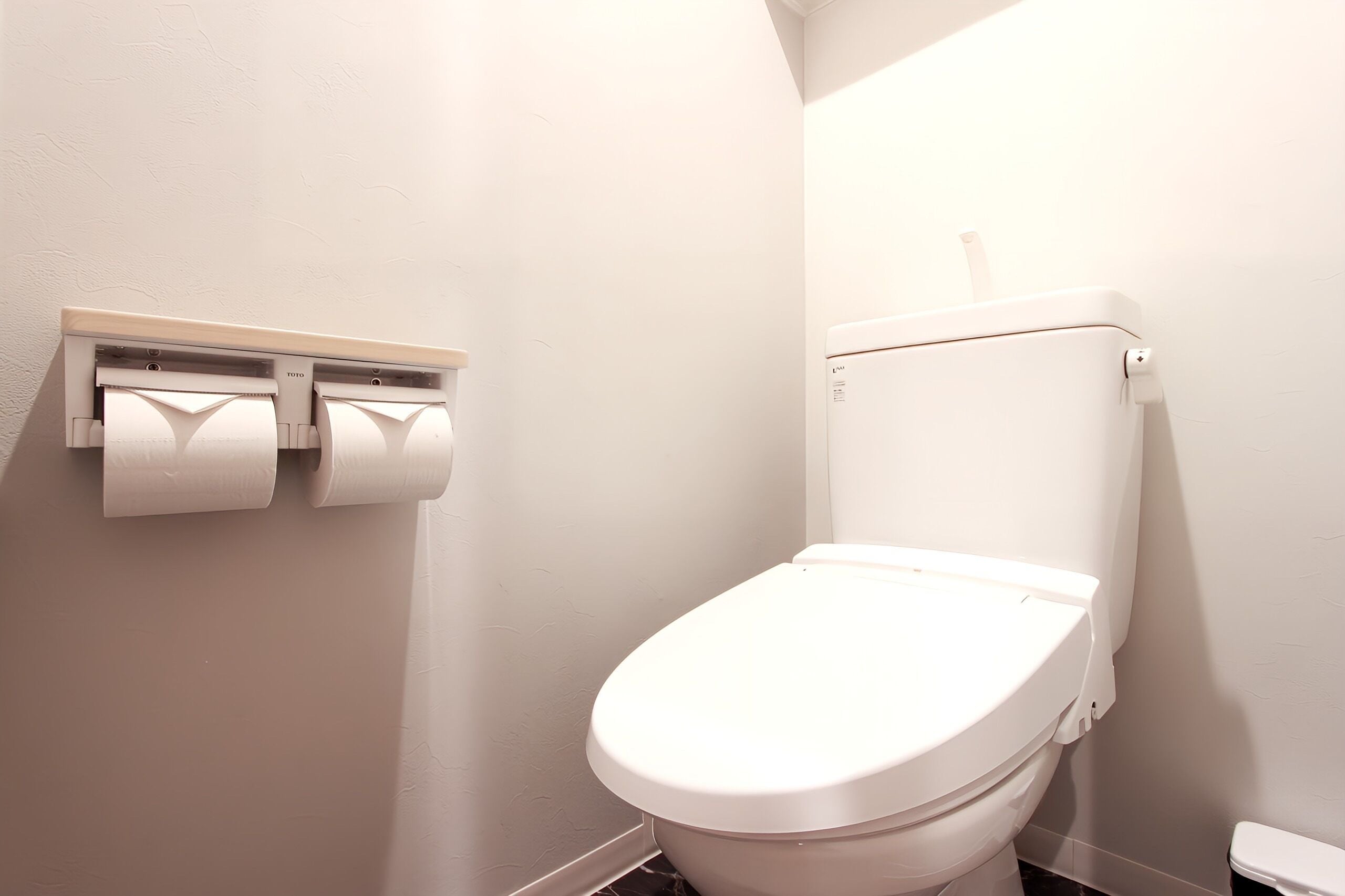 Sanitário branco com reservatório e botão de descarga, suporte de papel higiênico com dois rolos, e botão de descarga fixado na parede.