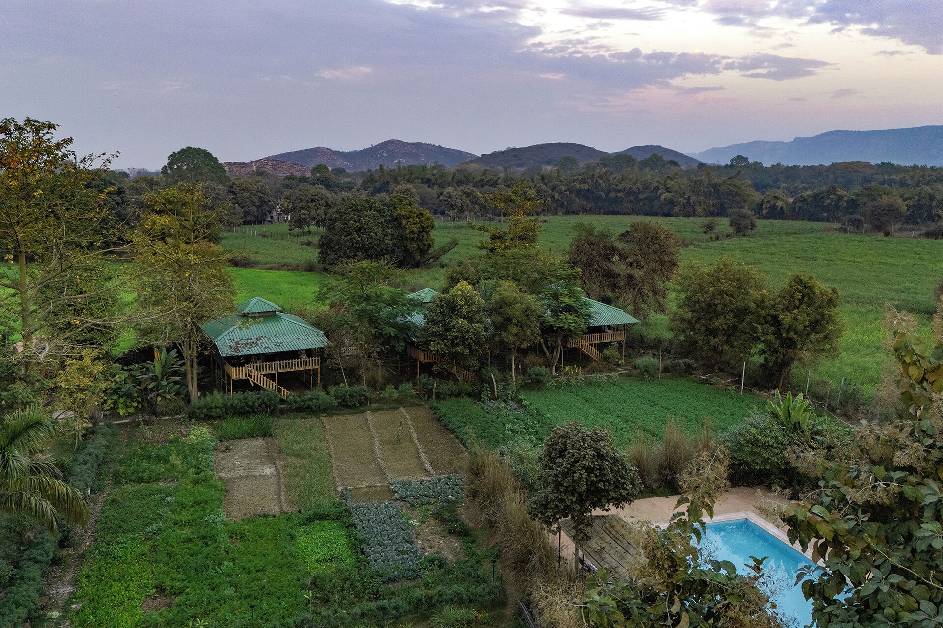 Uma propriedade rural com diversas construções cobertas por telhados verdes, uma piscina e extensos campos verdes.