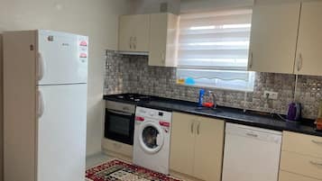 Um frigorífico/congelador grande, um forno, uma placa de cozinha