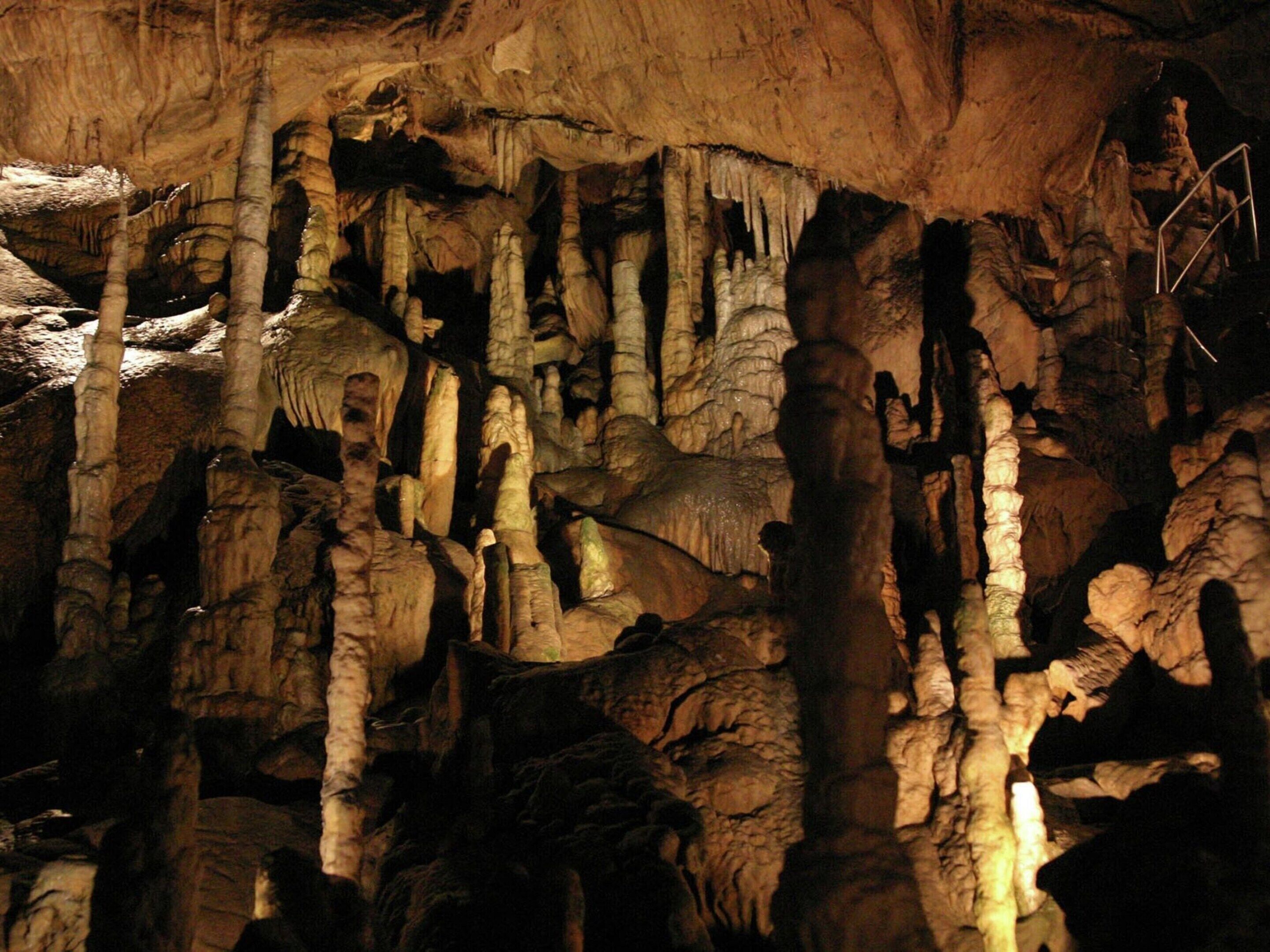 Caverna com estalactites e estalagmites, iluminada por luz artificial.