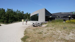 Um edifício moderno com fachada curva e grandes janelas, próximo a uma trilha de terra e vegetação.