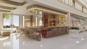 Uma área de bar moderna com bancadas de mármore, banquetas e um espaço para vinhos.