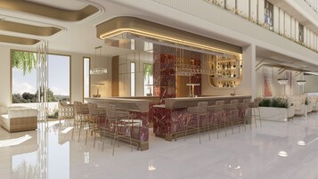 Uma área de bar moderna com bancadas de mármore, banquetas e um espaço para vinhos.