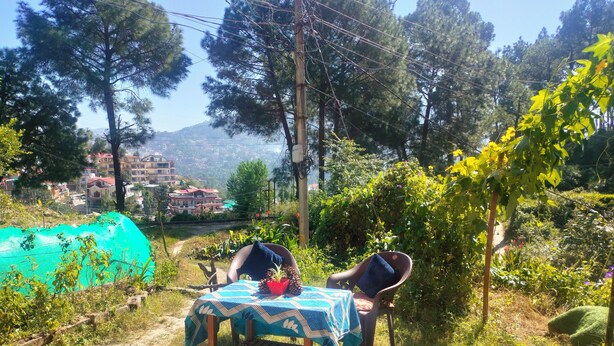 Área de estar externa com mesa e cadeiras, rodeada por vegetação e vista para uma área residencial.