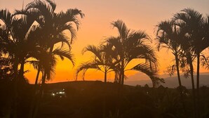 Um pôr do sol com palmeiras recortadas contra o céu, horizonte limpo e vista distante da paisagem.