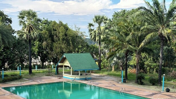 Piscina com um pavilhão de telhado verde, rodeada por palmeiras e céu claro.