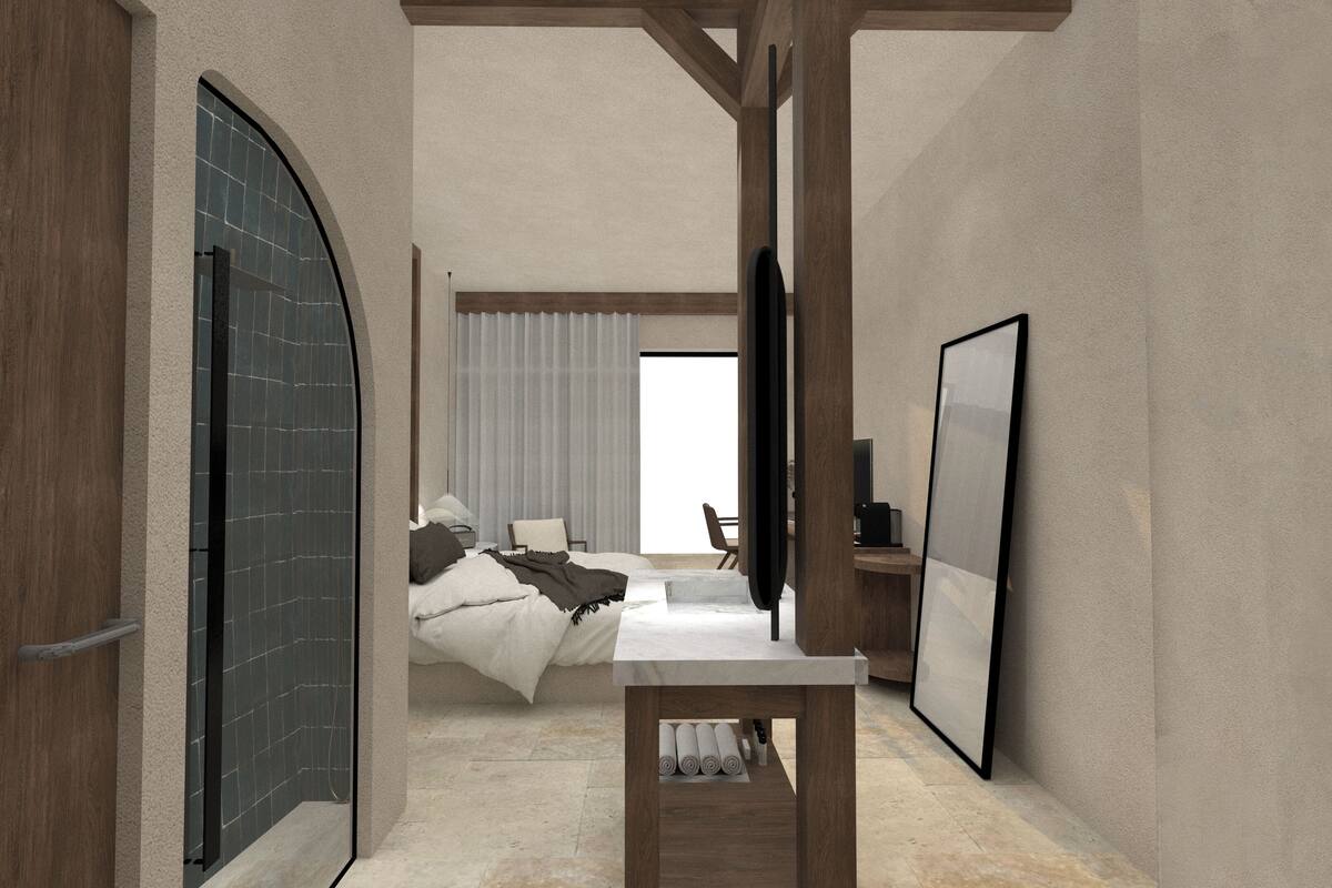 Quarto moderno com uma cama grande, mesa de cabeceira, espelho e vista para o exterior pela janela.