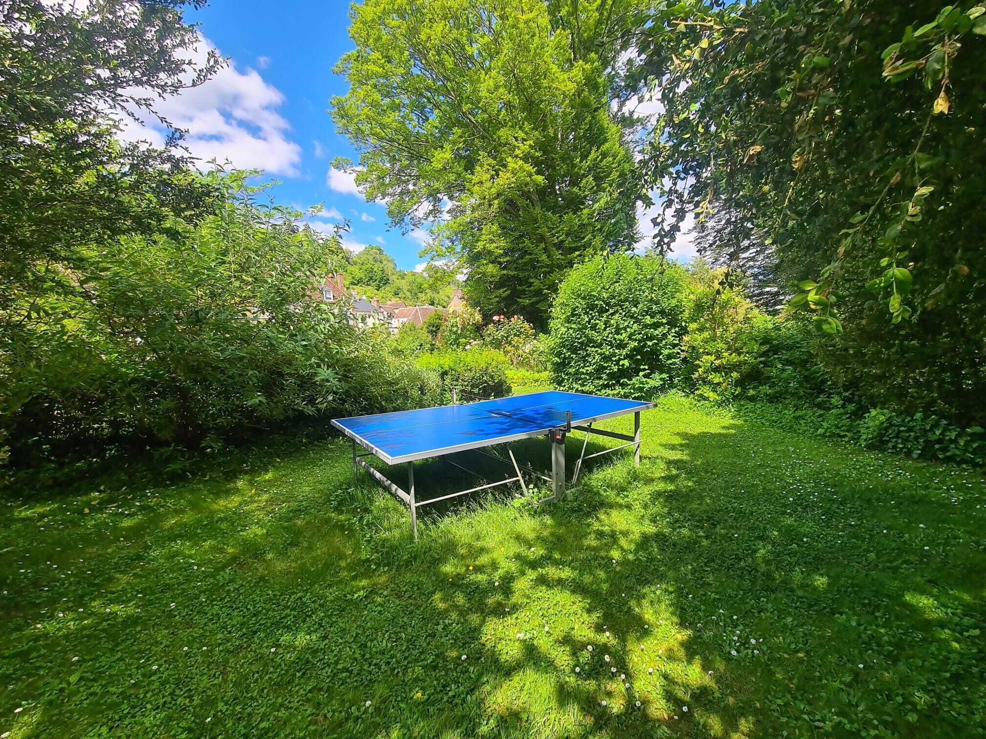 Mesa de pingue-pongue em um jardim exuberante, com folhagem densa e céu claro.