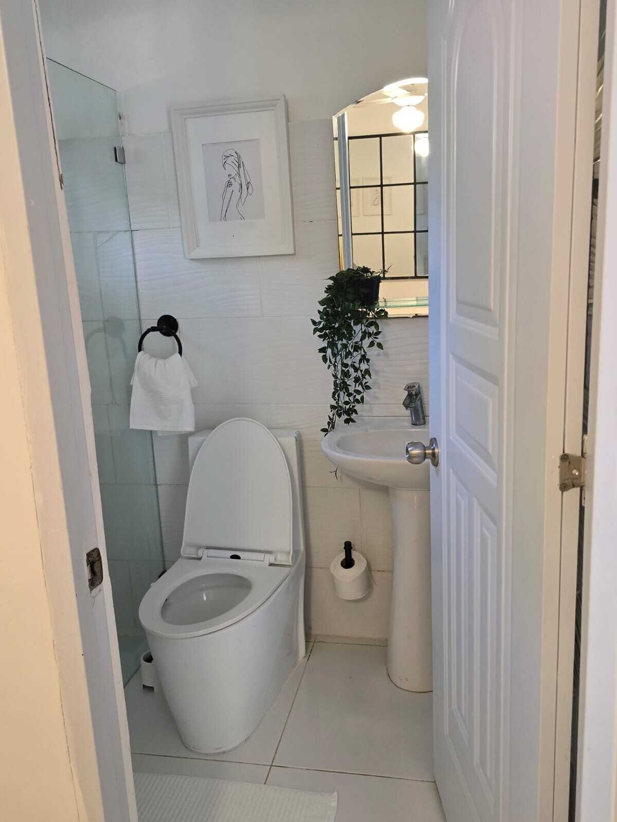 Casa de banho pequena e limpa, com sanita, lavatório e um quadro emoldurado na parede.