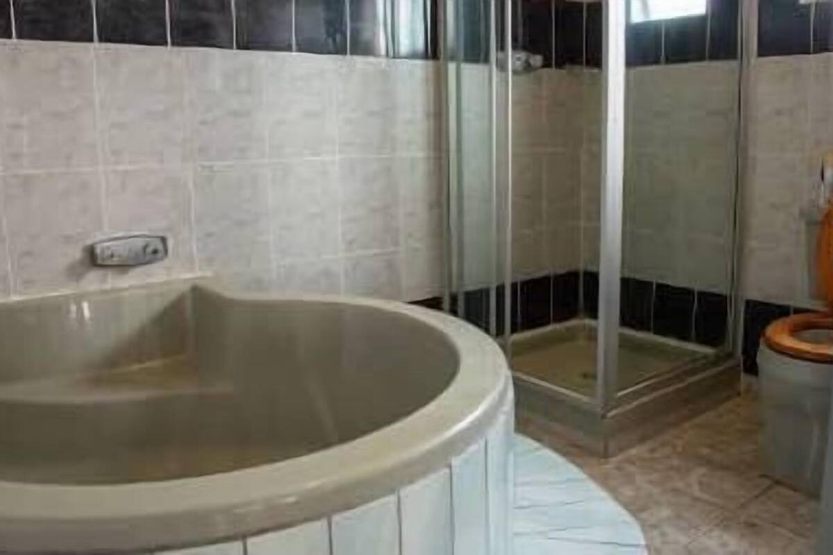 Casa de banho com banheira, sanita e chuveiro.