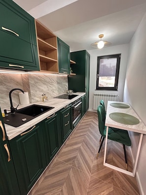 Apartamento Deluxe, 1 quarto | Cozinha privada | Um frigorífico, uma cafeteira/bule, uma chaleira elétrica 