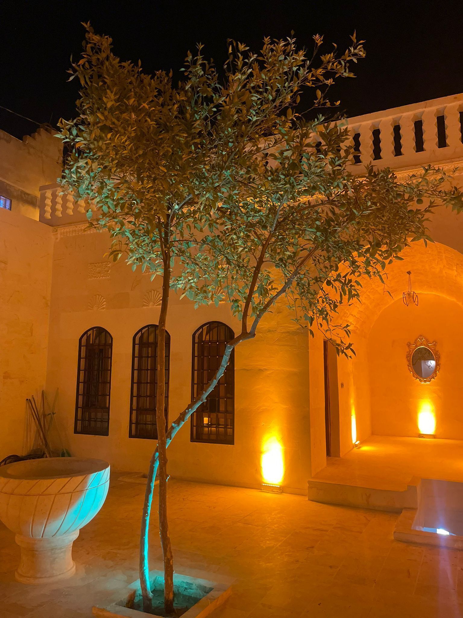 Pátio com árvore, um grande vaso e um edifício com janelas em arco e varanda.