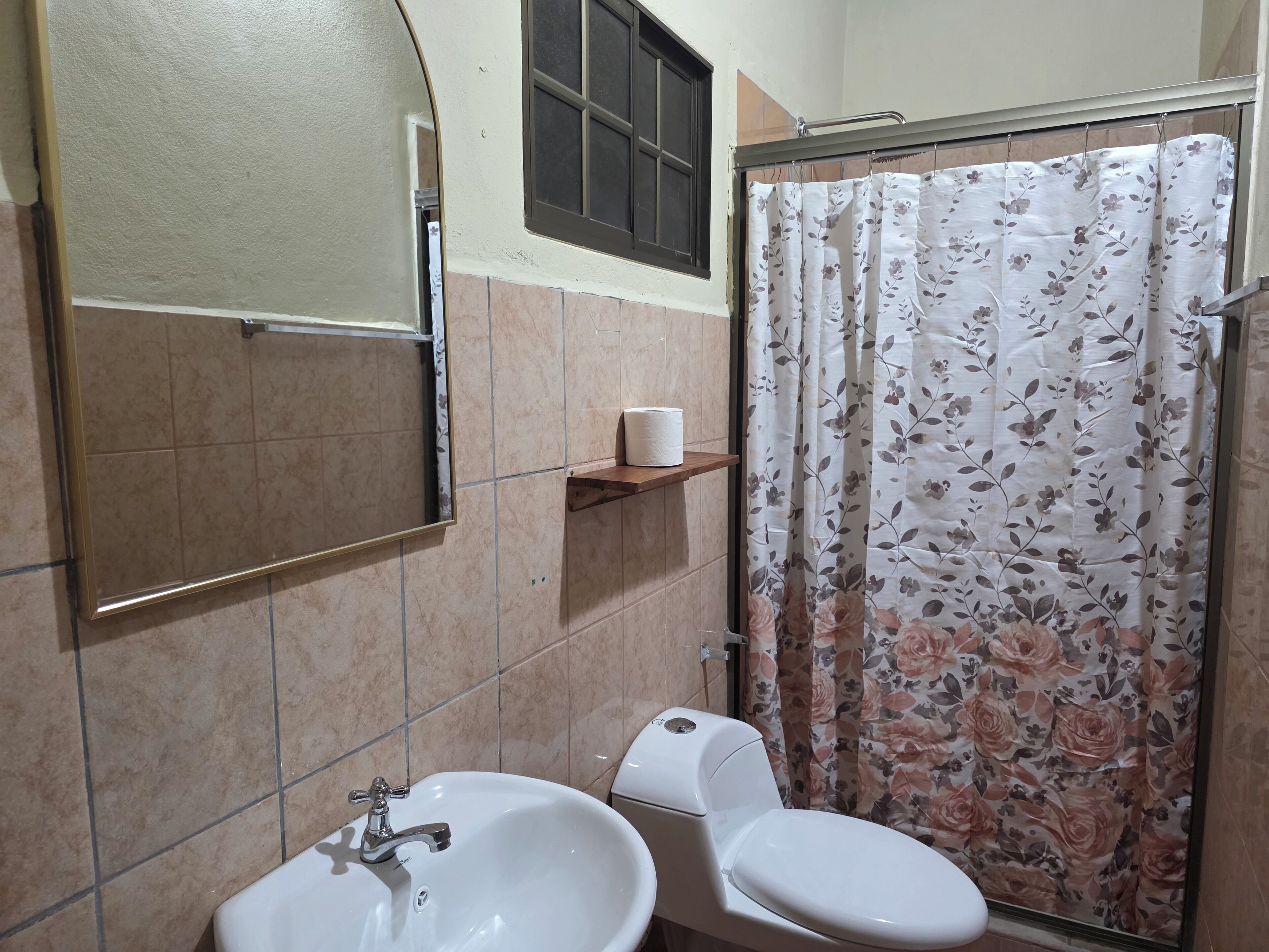 Casa de banho com lavatório, sanita, espelho e cortina de chuveiro.