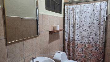 Casa de banho com lavatório, sanita, espelho e cortina de chuveiro.