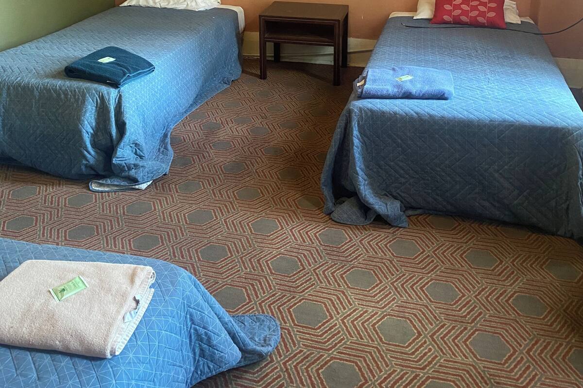 Quarto com duas camas de solteiro, cada uma com colcha e almofadas azuis, uma pequena mesa de cabeceira de madeira e um tapete estampado.