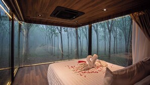 Quarto com uma grande janela, cama com pétalas de rosa e vista para uma floresta.