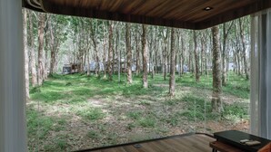 Quarto com uma grande janela de vidro que dá para uma área arborizada, com árvores e uma cabana pequena.