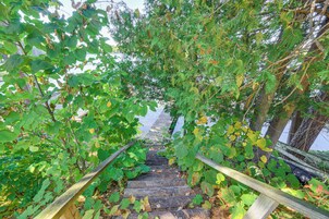 Uma escadaria de madeira cercada por vegetação exuberante e árvores.