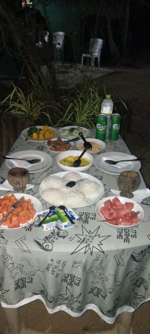 Mesa posta ao ar livre com diversos pratos, incluindo arroz, legumes e bebidas enlatadas, coberta por uma toalha com padrão de jogo.