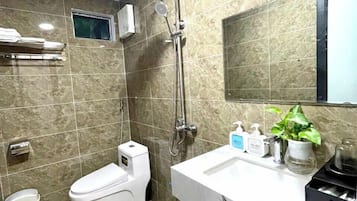 Chuveiro, secador de cabelo, toalhas de banho, sabonete