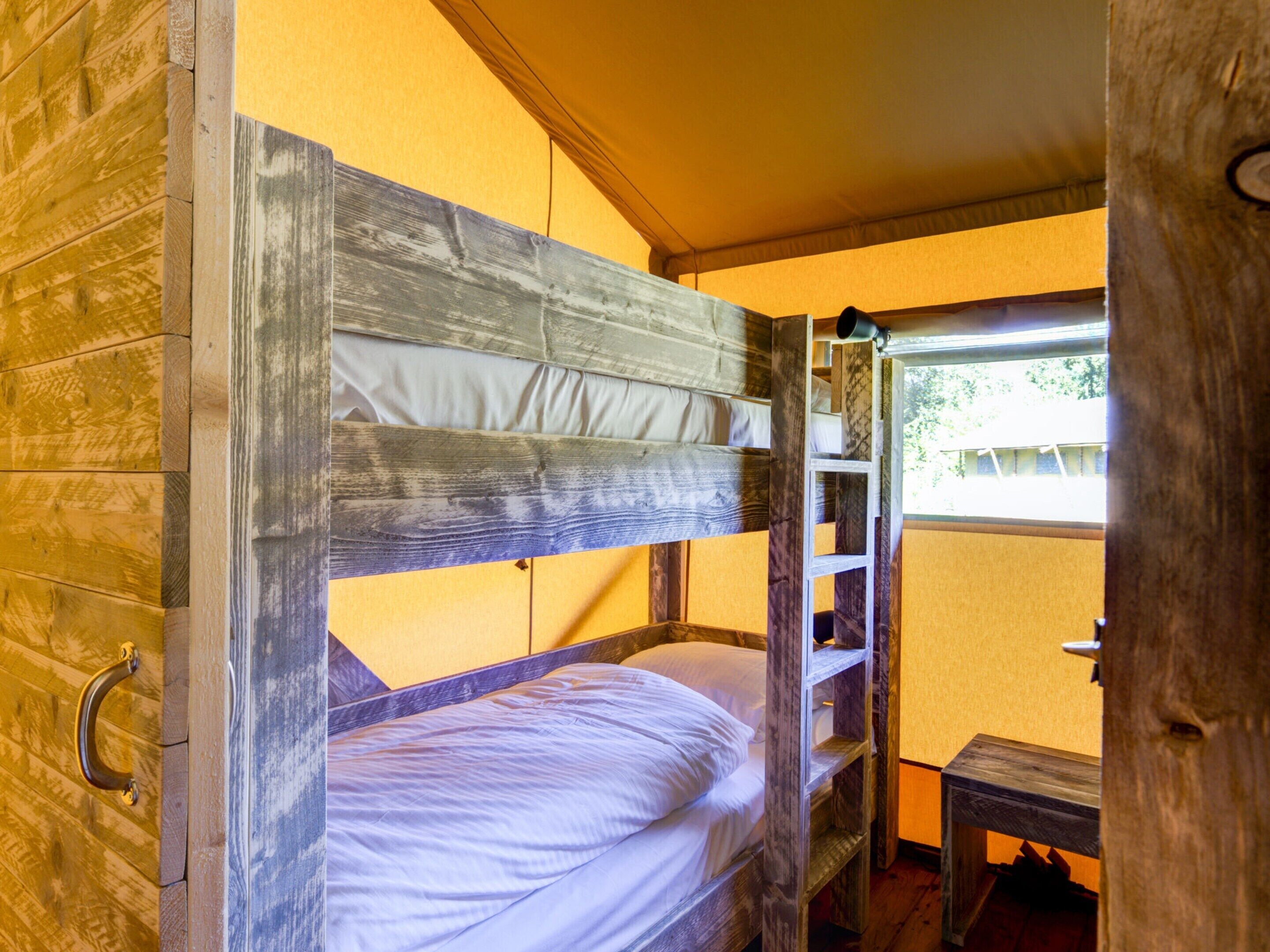 Uma cama beliche com escada, paredes de madeira e janela com vista para árvores.