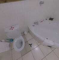 Um banheiro com vaso sanitário, bidê e banheira.