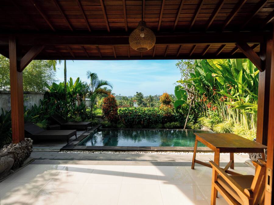 Uma área externa coberta com piscina, móveis de madeira e plantas tropicais exuberantes.