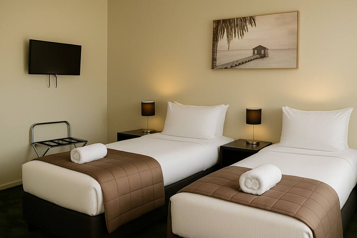 Quarto de hotel com duas camas, uma televisão e um quadro na parede.