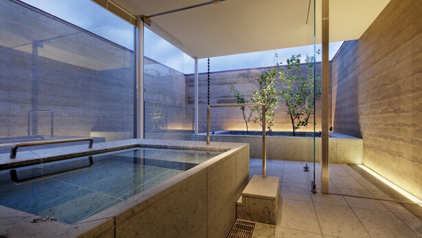 Uma área de spa moderna com uma banheira de hidromassagem envidraçada, um banco de madeira e uma pequena árvore.