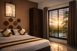 Quarto casal luxo, sacada | Escrivaninha, cortinas blackout, Wi-Fi de cortesia, roupa de cama