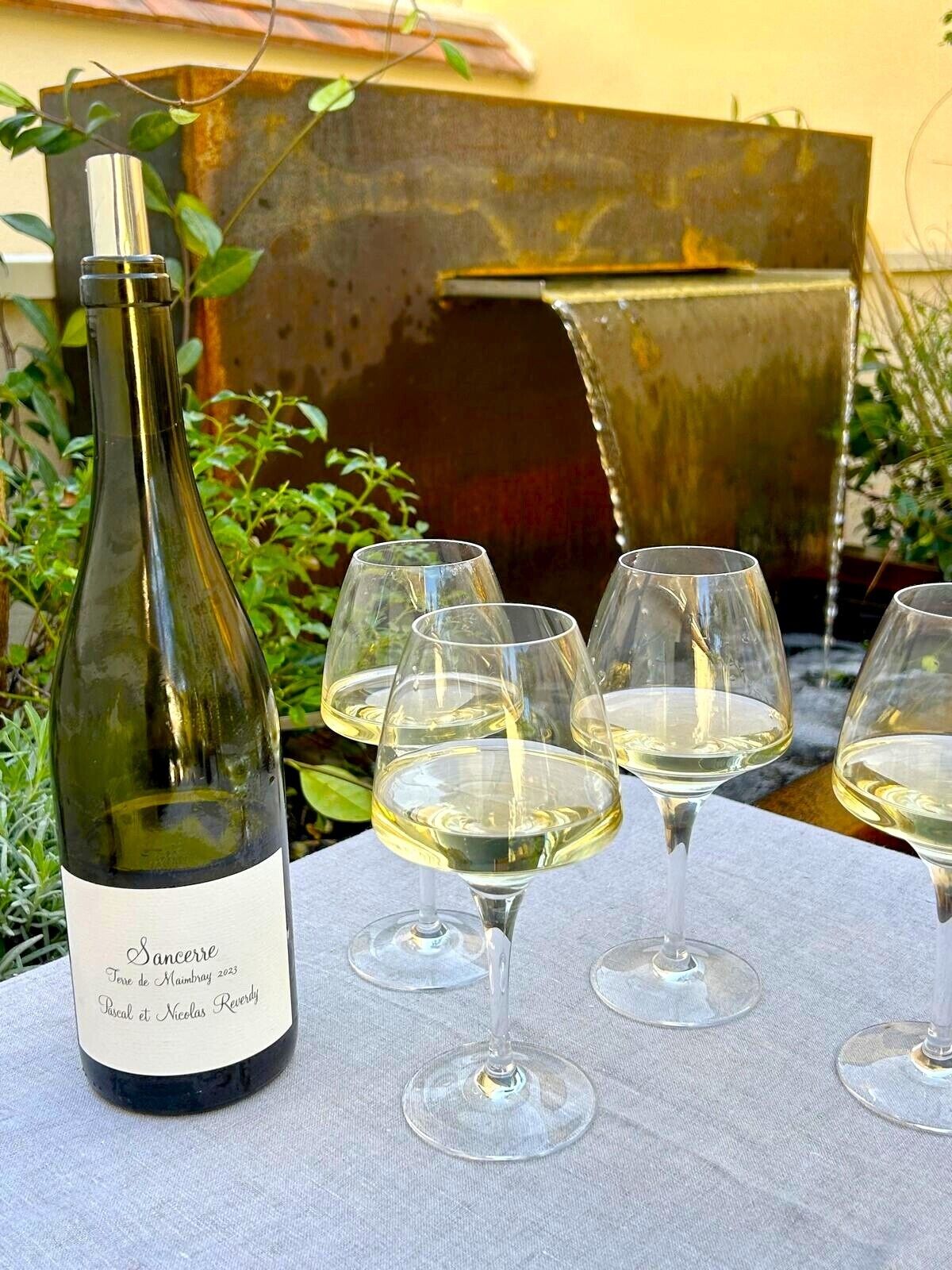 Uma garrafa de vinho e vários copos em uma mesa ao ar livre.