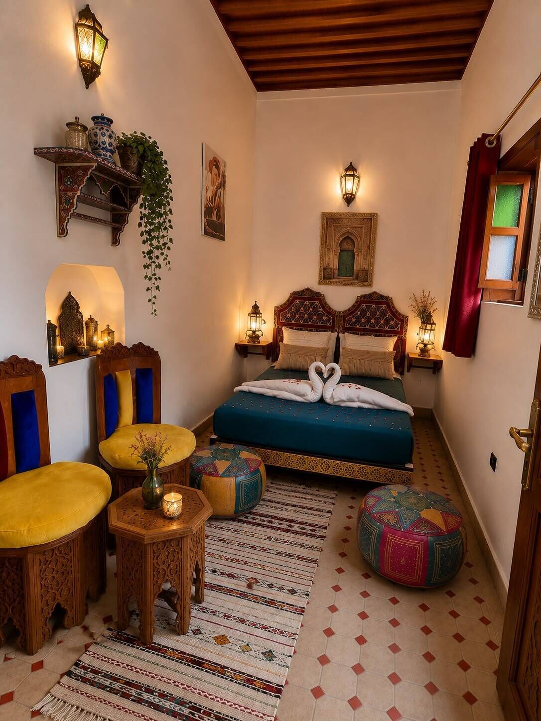 Um quarto aconchegante com cama, duas cadeiras, uma mesinha e um nicho decorativo na parede.