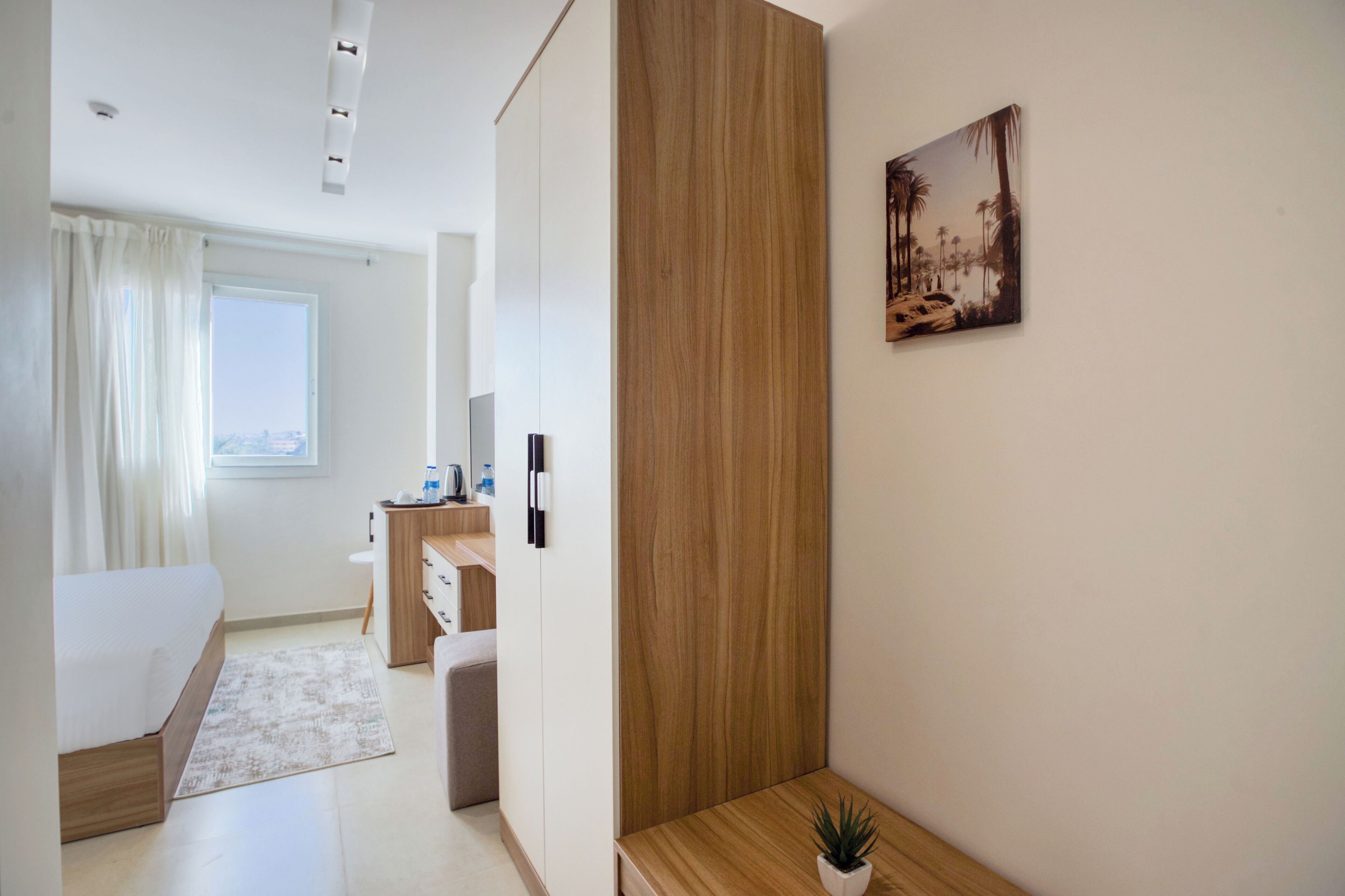 Quarto de hotel moderno com cama, escrivaninha, mesinha com uma planta e um quadro na parede.