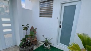 Uma casa moderna com fachada branca, grama sintética verde e plantas em vasos.