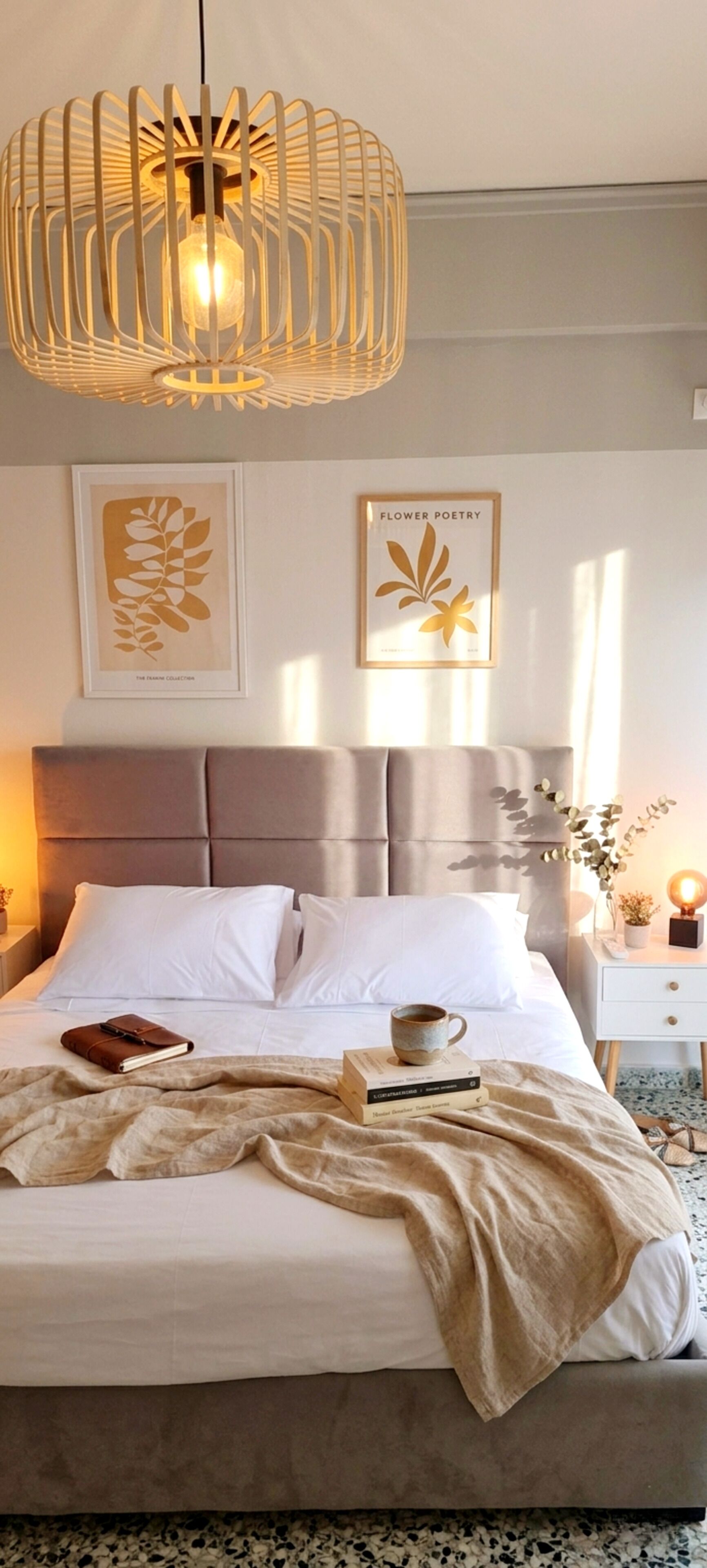 Uma cama bem arrumada com cabeceira, uma mesa de cabeceira com abajur e uma obra de arte emoldurada na parede.