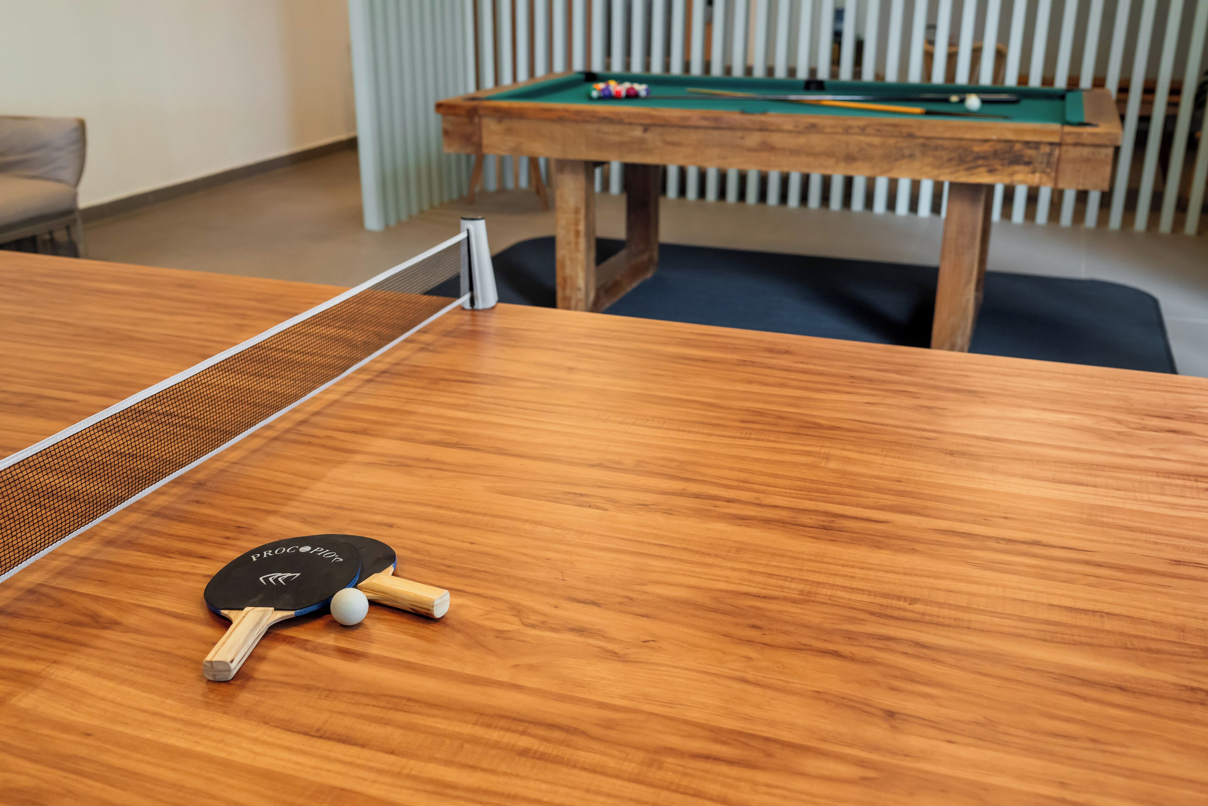 Mesa de pingue-pongue com rede, mesa de bilhar e taco de bilhar ao fundo.