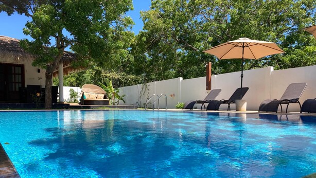 Piscina límpida com espreguiçadeiras e um guarda-sol, cercada por um muro branco e árvores.