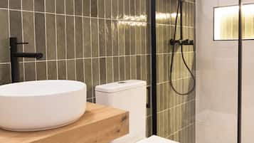 Chuveiro, secador de cabelo, toalhas de banho, sabonete