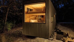 Uma pequena cabana de madeira com um quarto no mezanino, área de cozinha e vista para a floresta ao redor.