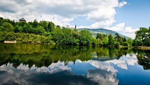 Paisagem ribeirinha serena, com vegetação exuberante, céu claro e um corpo d'água tranquilo refletindo o entorno.