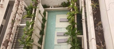 Piscina no terraço com vista clara do céu, rodeada por palmeiras e arquitetura moderna.